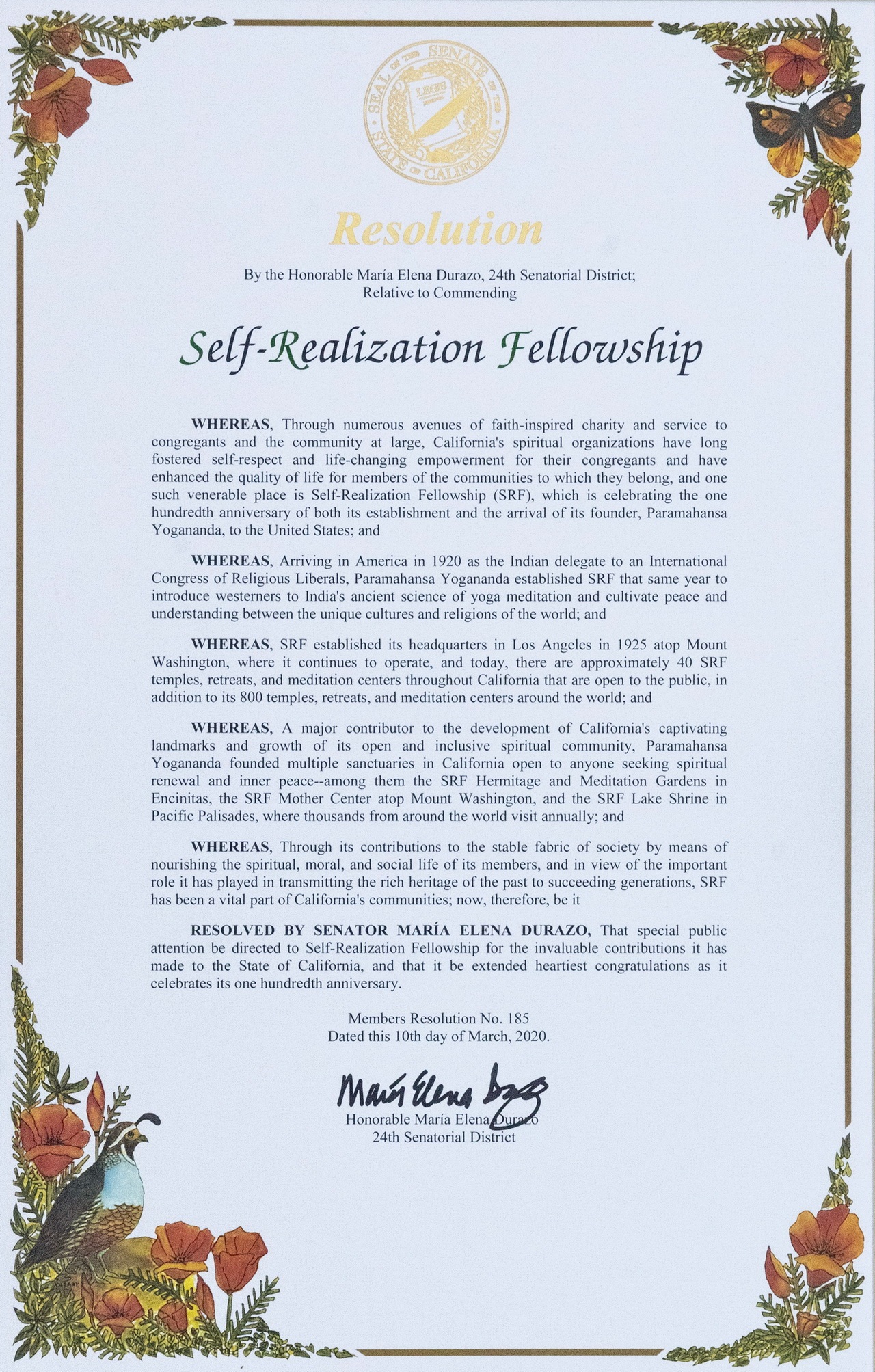 California State Legislature Members Resolution Commemorates SRF’s ...